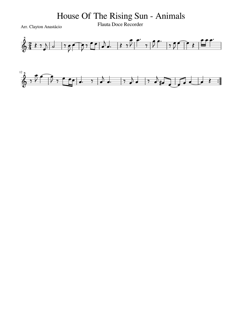 House Of The Rising Sun - Flauta Doce Recorder Score Sheet Music for ...