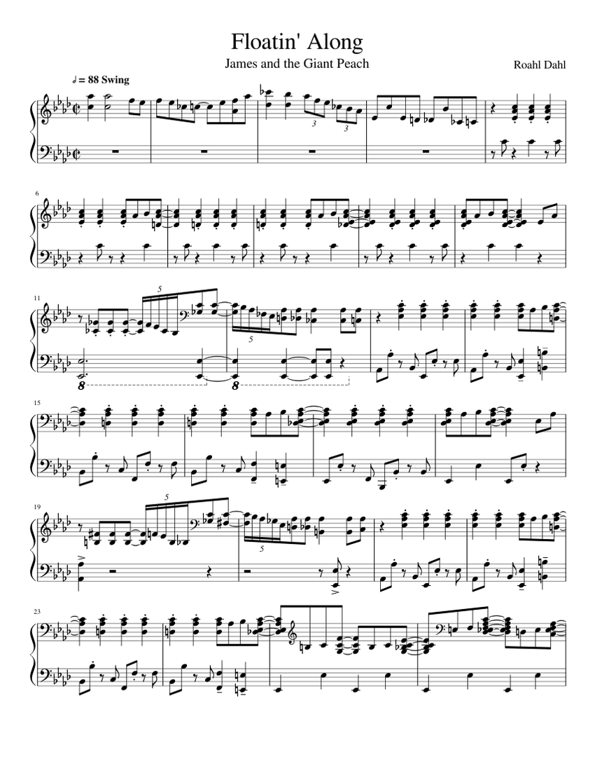 Floatin' Along || James and the Giant Peach Sheet Music for Piano (Solo ...