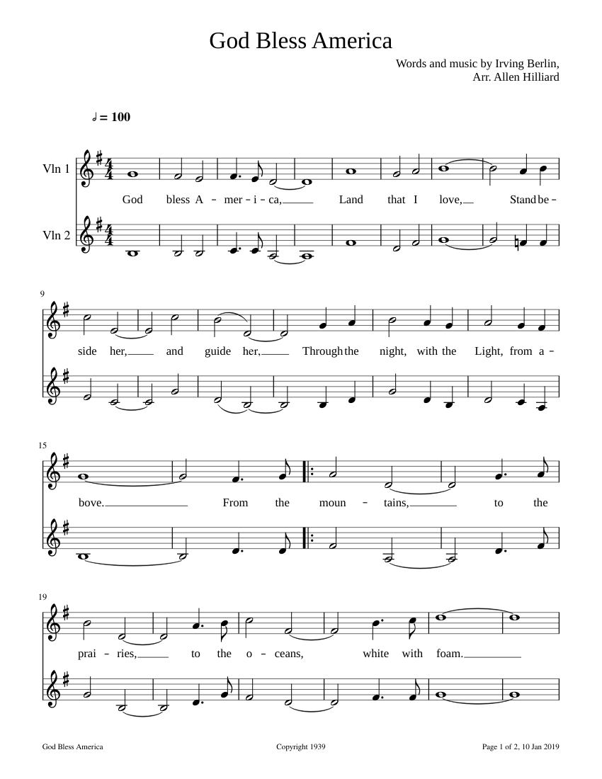 God Bless America Sheet music for Violin (String Duet) | Musescore.com