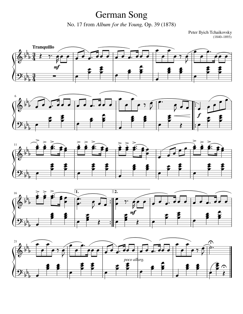 German Song from Album for the Young, Op. 39 - Tchaikovsky Sheet Music ...