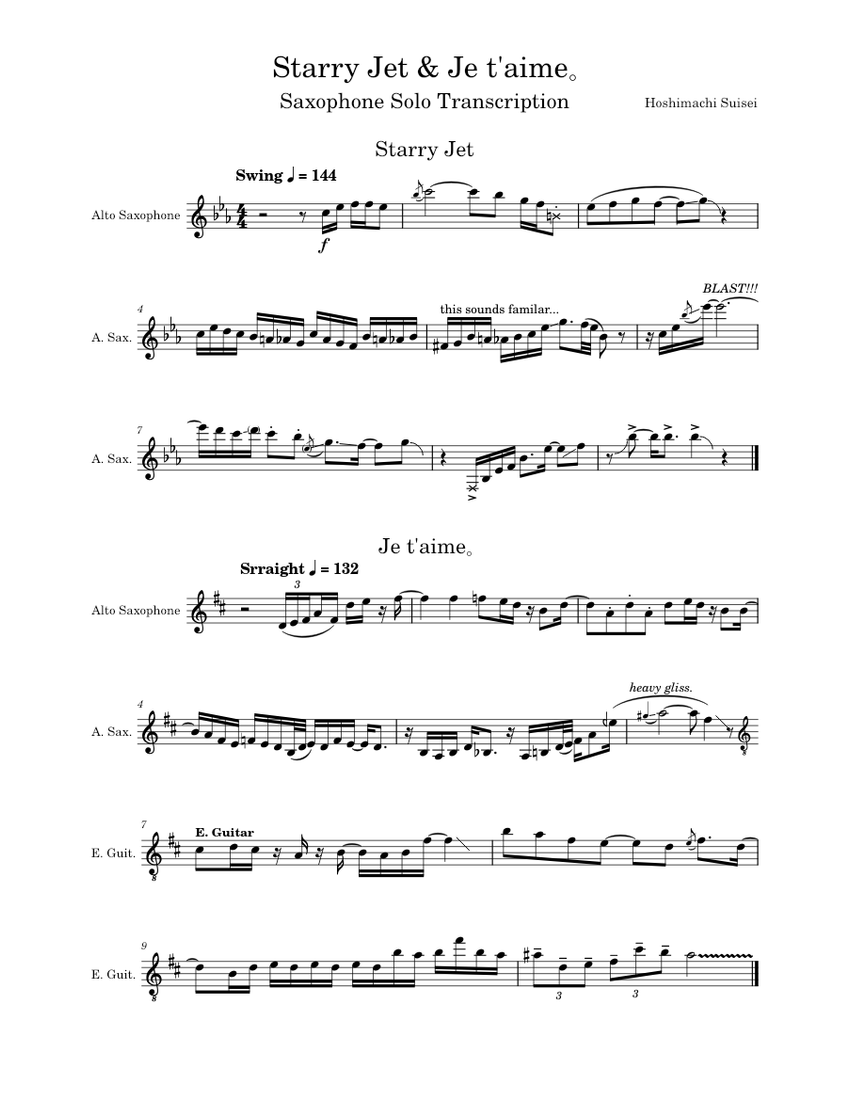 Starry Jet & Je t'aime。(Saxophone Solo Transcription) Sheet Music for ...