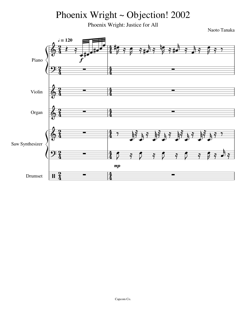 Phoenix Wright ~ Objection! 2002 Sheet Music for Piano, Organ, Violin ...