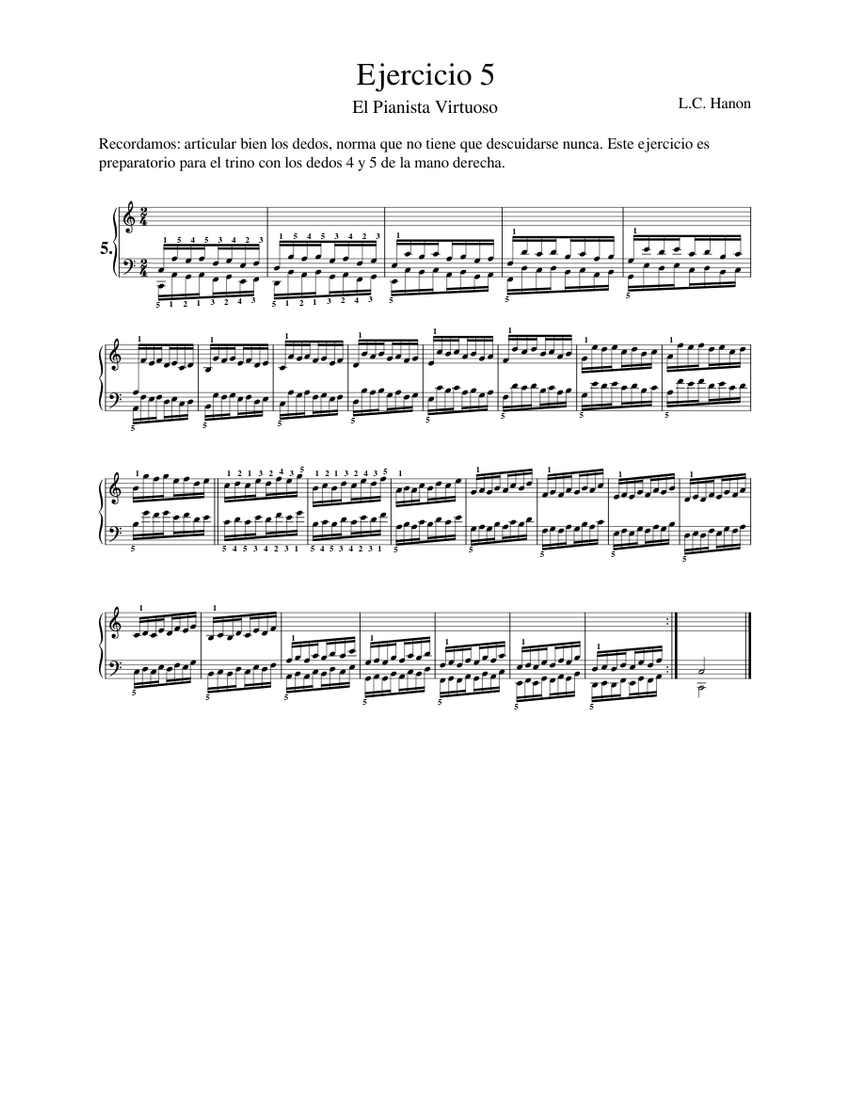 Ejercicio 5 - El Pianista Virtuoso - L.C.Hanon Sheet Music for Piano (Solo) Easy | MuseScore.com