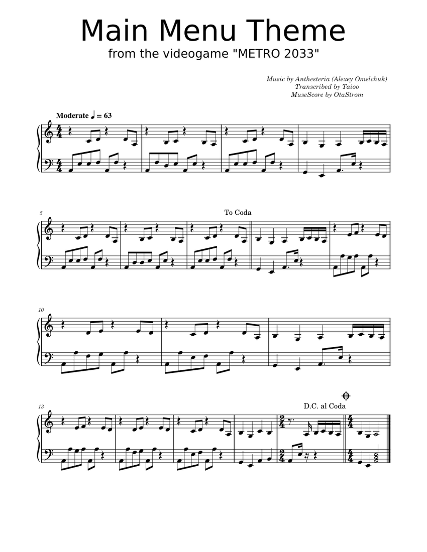 Metro 2033: Main Menu Theme [working D.C. al Coda] Sheet Music for ...