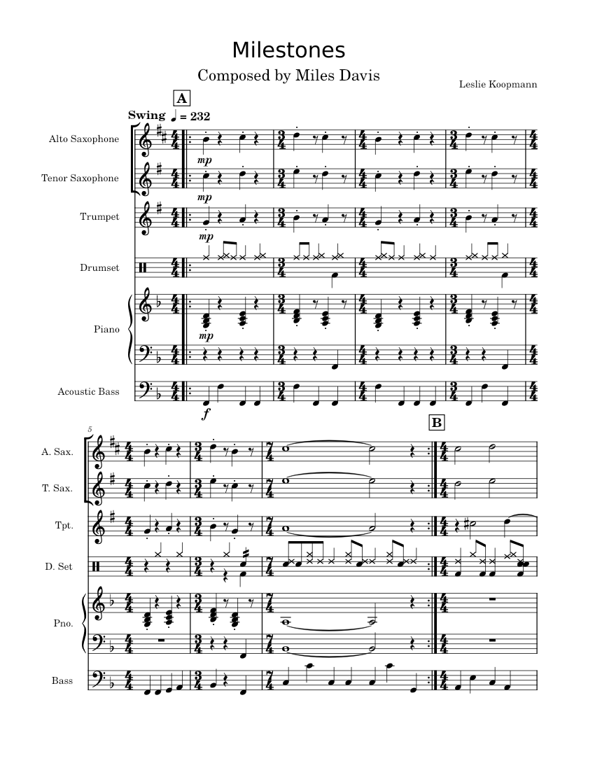 Milestones Sheet Music for Piano, Saxophone alto, Saxophone tenor, Bass ...