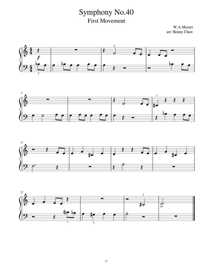 Symphony No.40 (Mozart) Sheet Music for Piano (Solo) Easy | MuseScore.com
