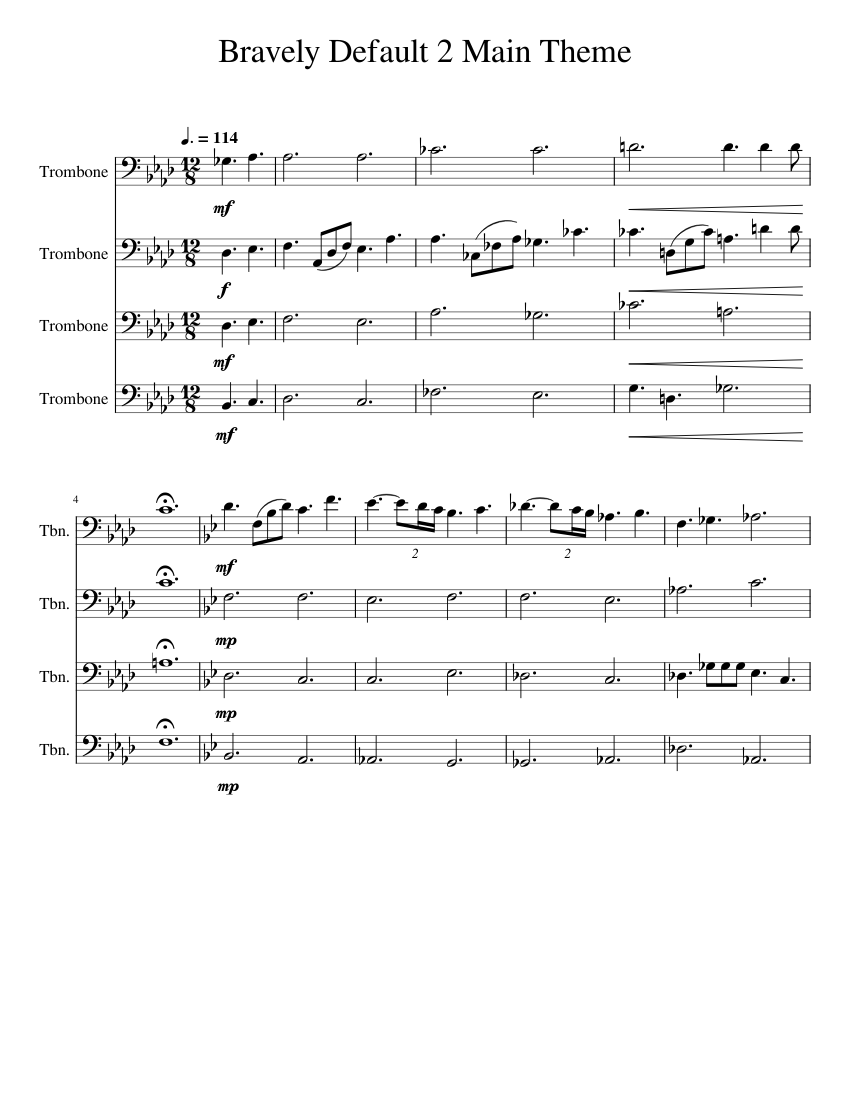 Bravely Default 2 Main Theme (Trombone Quartet/Choir Arrangement) Sheet music for Trombone ...