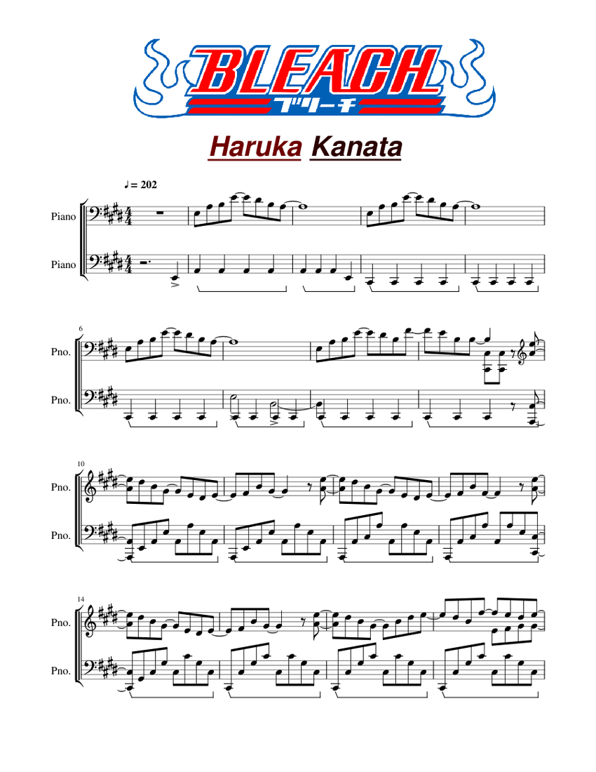 Bleach - Haruka Kanata - Ending 28 Sheet Music for Piano (Piano Duo ...
