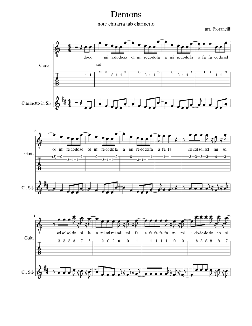 Demons - note chitarra clarinetto Sheet Music and Tab for Clarinet in b ...