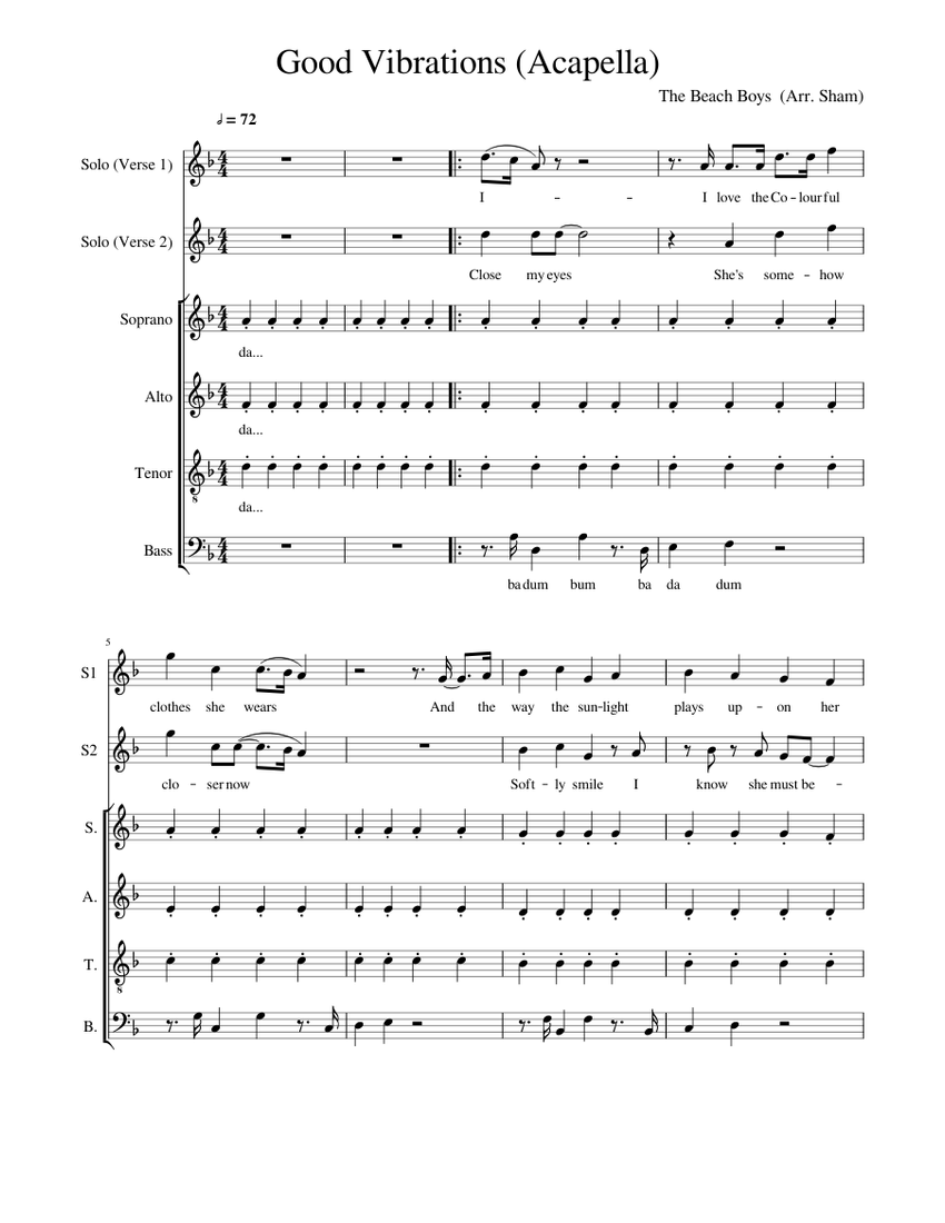 Good Vibrations Acapella Sheet Music for Soprano, Alto, Tenor, Bass ...