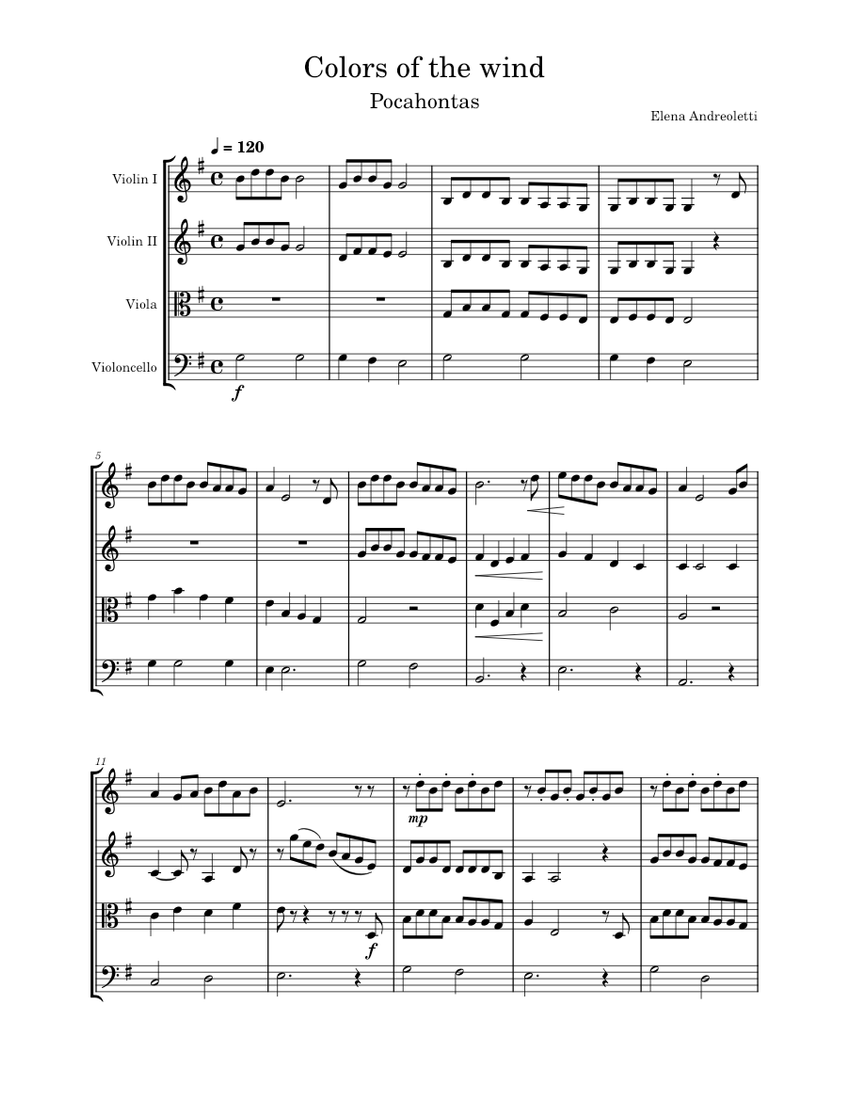 Colors of the wind Sheet Music for Violin, Viola, Cello (String Quartet ...