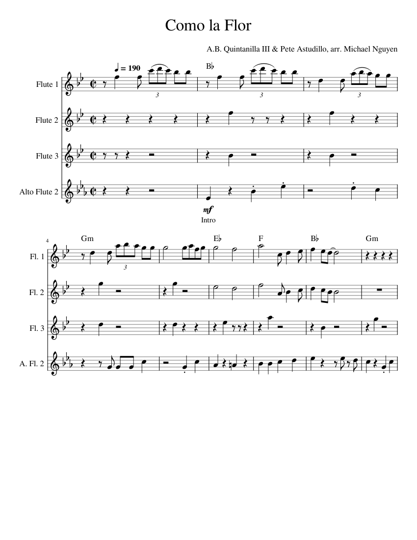 Como la Flor Sheet Music for Flute, Flute alto (Woodwind Quartet ...