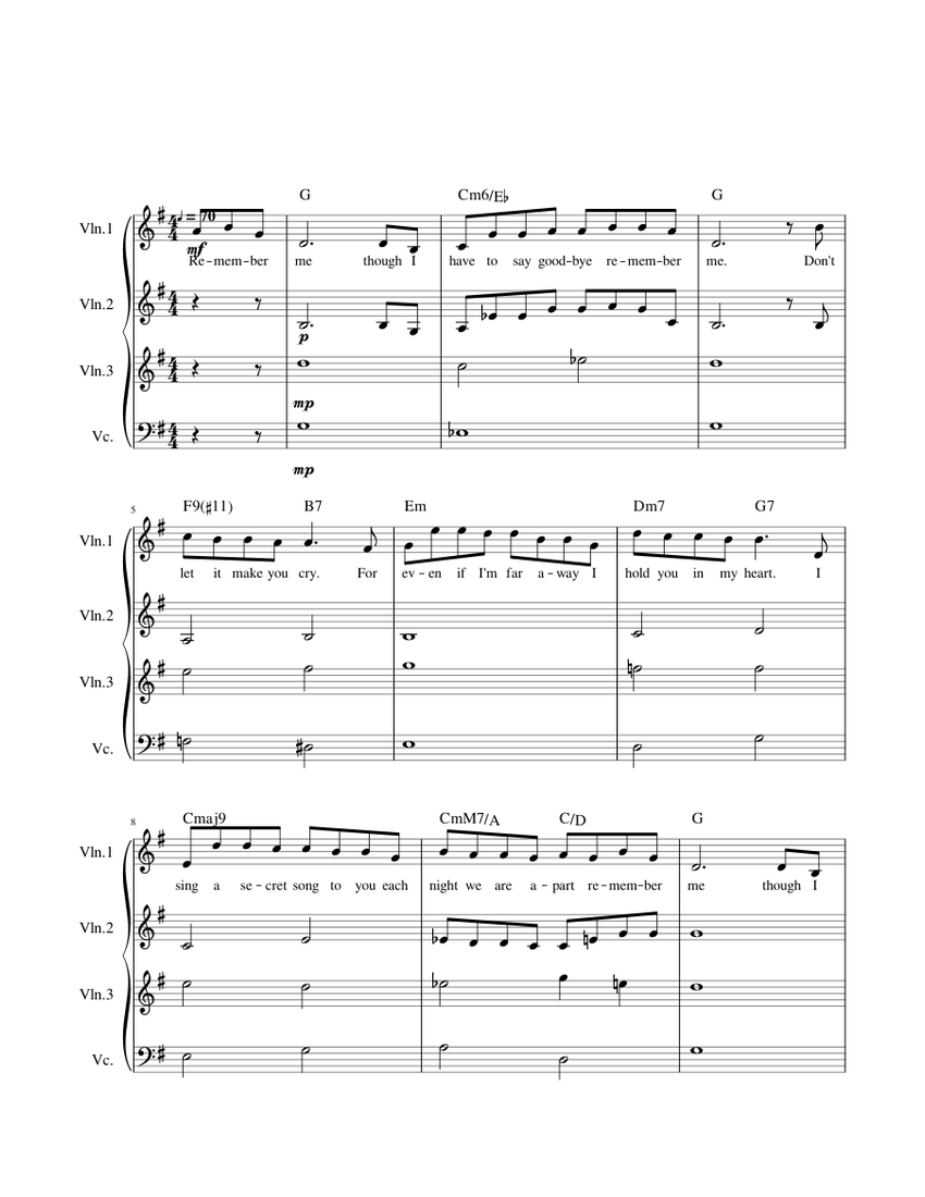 REMEMBER ME from the Pixar animation 'Coco' Sheet music for Violin ...