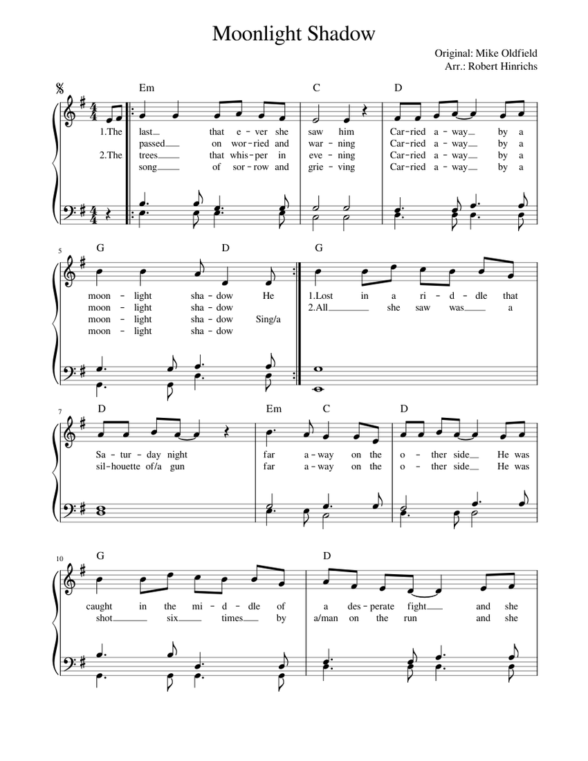 Moonlight shadow - Mike Oldfield Sheet Music with Chords for Piano ...