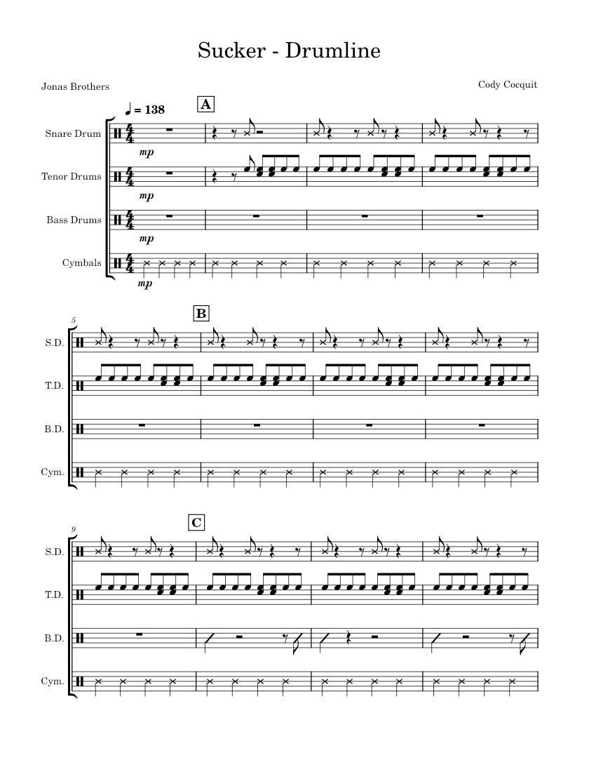 Sucker – Jonas Brothers - Drumline Sheet Music for Snare drum, Crash ...