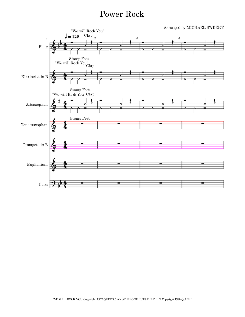 Power Rock Sheet Music for Euphonium, Tuba, Flute, Clarinet in b-flat ...