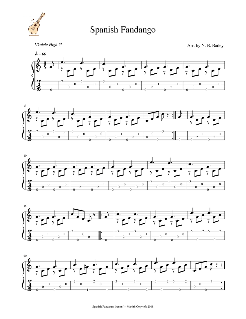 Spanish Fandango (Anonymous) - Ukulele Sheet Music and Tab for Ukulele ...
