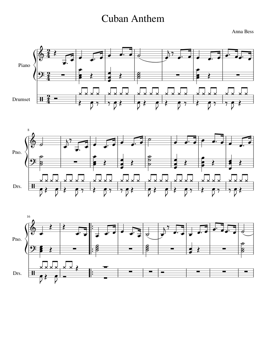 Cuban National Anthem Sheet Music for Piano, Drum group (Mixed Duet ...
