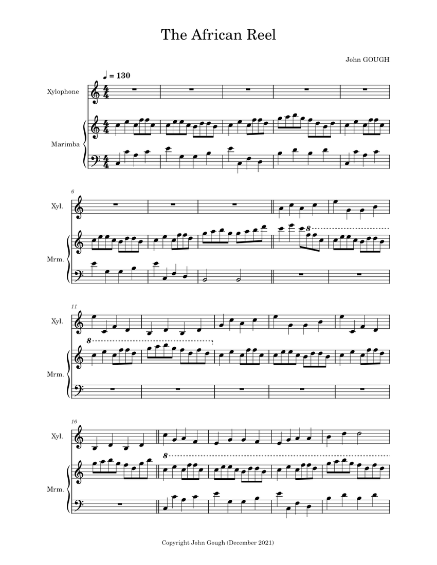 The African Reel (Marimba and Xylophone duet) Sheet music for Marimba ...