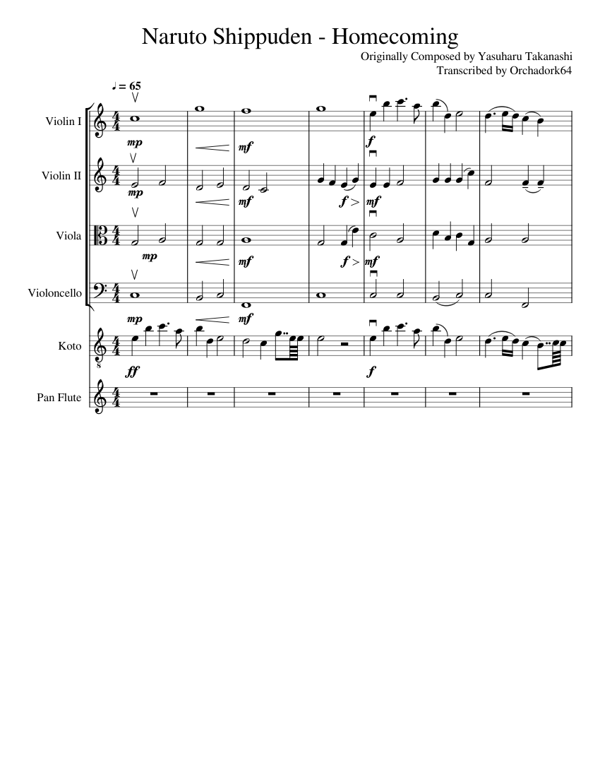 Naruto Shippuden Homecoming Sheet Music for Flute, Violin, Viola, Cello ...