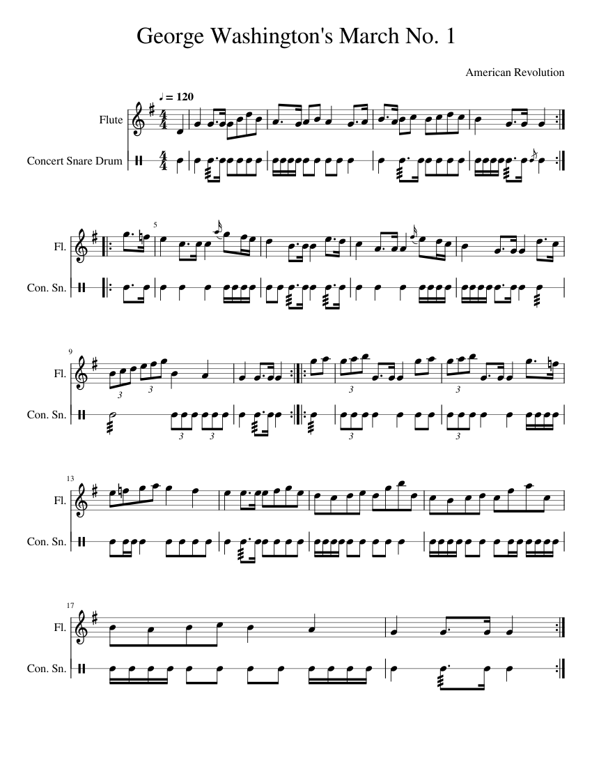 George Washington's March No. 1 Sheet Music for Flute, Snare drum ...