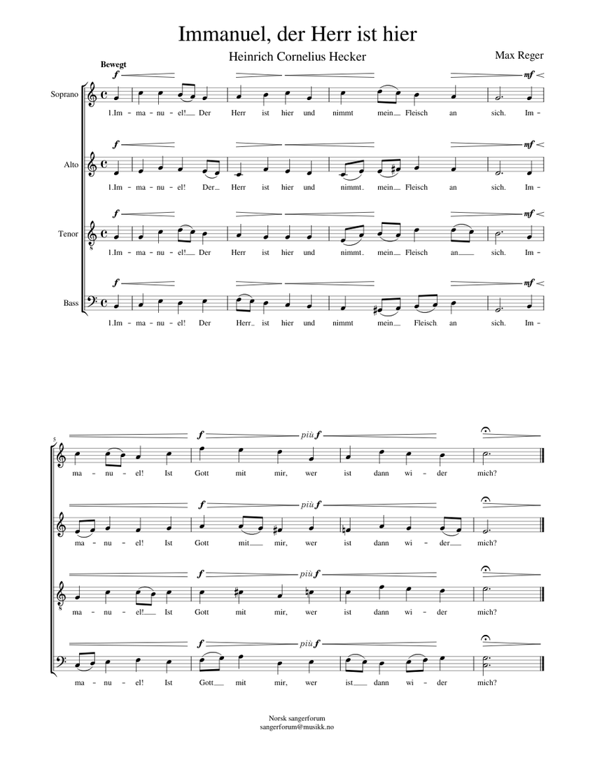 Immanuel! Der Herr ist hier, WoO VI 17, No. 4 – Max Reger Sheet Music ...