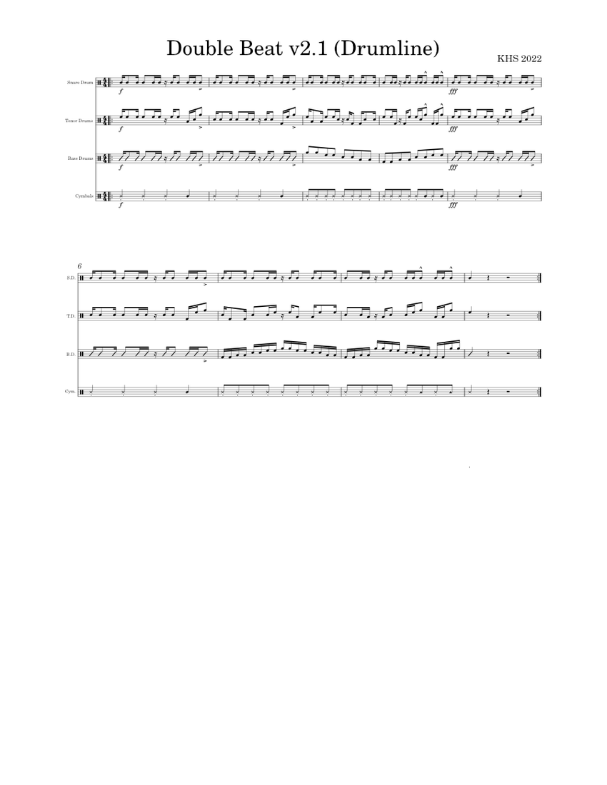 Double Beat v2.1 Drumline Sheet music for Snare drum, Crash, Tenor drum ...