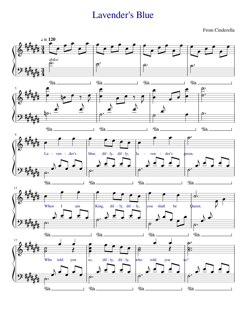 Lavender's Blue - Cinderella 2015 Sheet Music for Piano (Solo) easy ...
