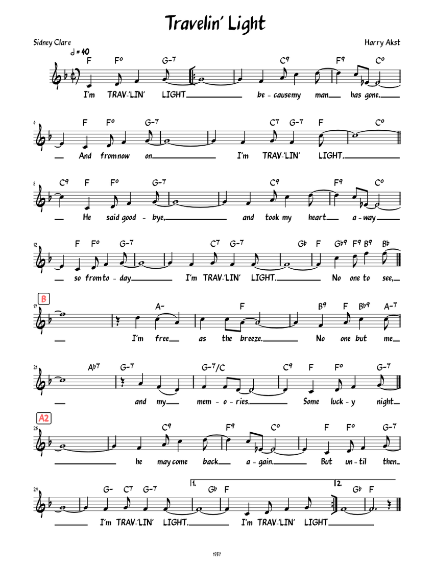 Travelin' Light (Lead sheet with lyrics ) Sheet Music with Chords for ...