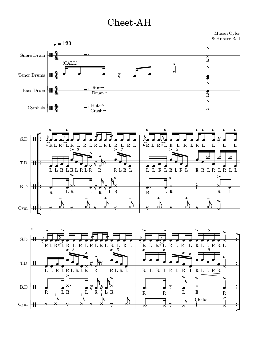 Cheet-AH Sheet music for Snare drum, Crash, Tenor drum, Bass drum ...