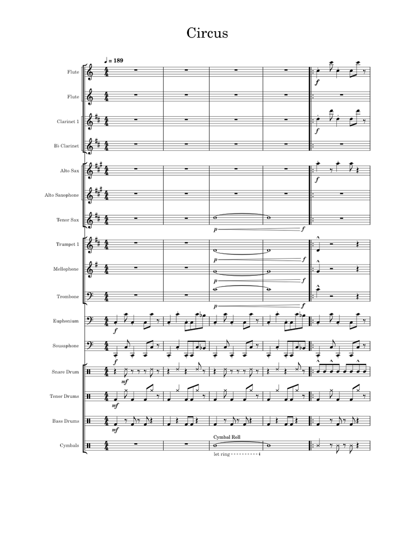 Circus Sheet Music for Trombone, Euphonium, Flute, Clarinet in b-flat ...