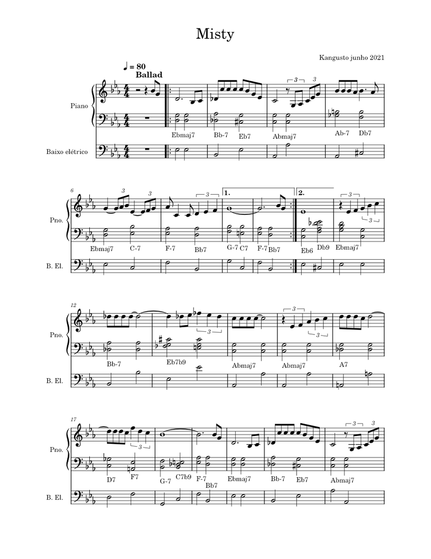 Misty Sheet Music for Piano, Bass guitar (Mixed Duet) | MuseScore.com
