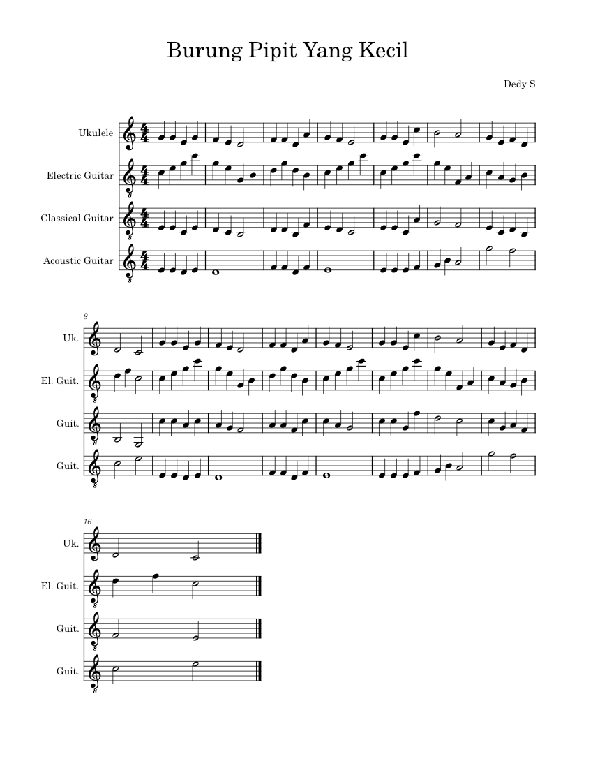 Burung pipit yang kecil Sheet music for Guitar, Ukulele (String ...