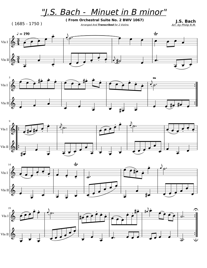 J.S. Bach - Minuet From Orchestral Suite 2 (Violin Duet) Sheet music ...