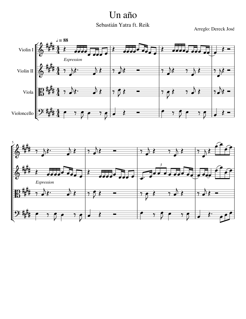 Un año Sebastián Yatra ft. Reik Sheet music for Violin, Viola, Cello ...