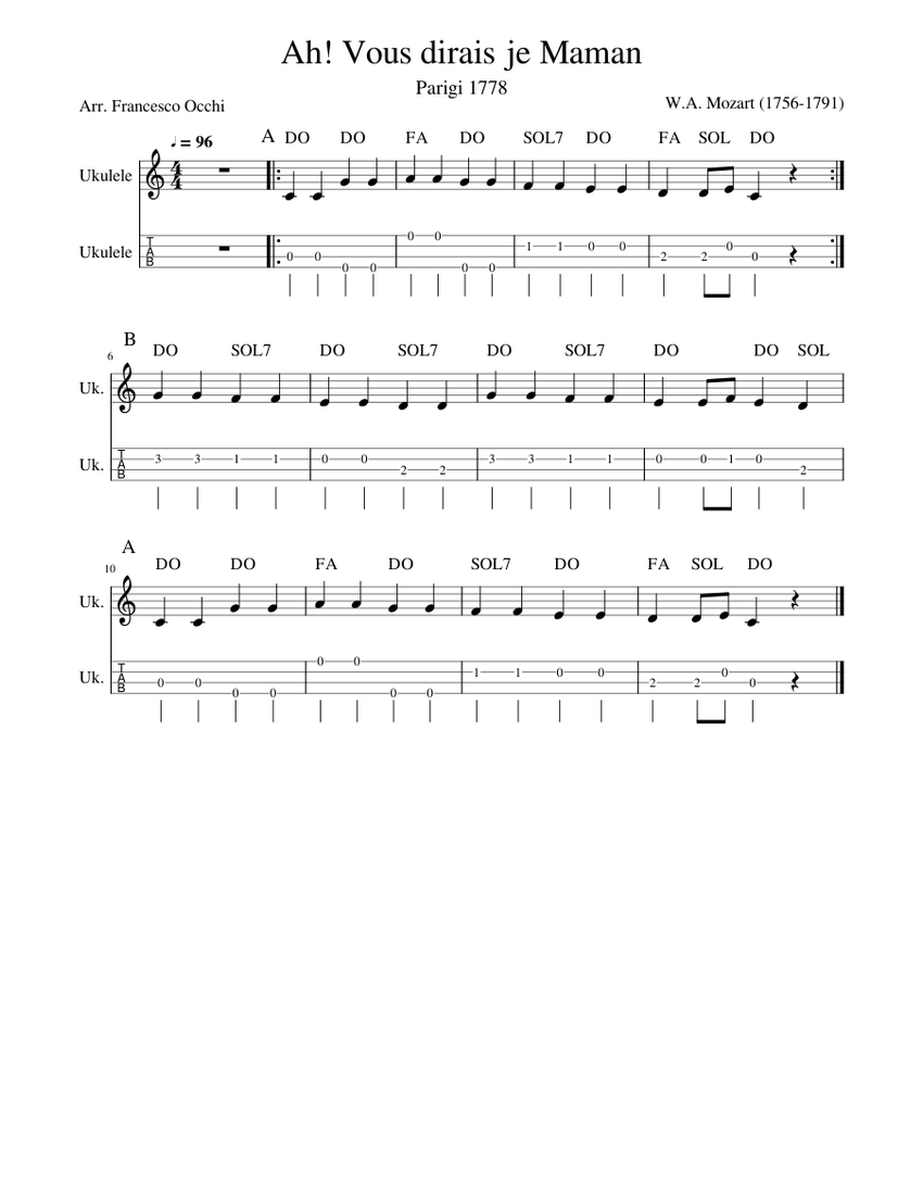 Ah! Vous Dirais Je Maman Sheet Music and Tab with Chords for Ukulele ...