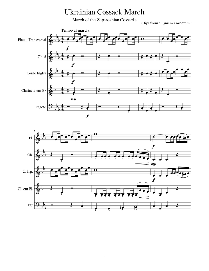 Ukrainian Cossack March Sheet Music for Flute, Oboe, Clarinet in b-flat ...