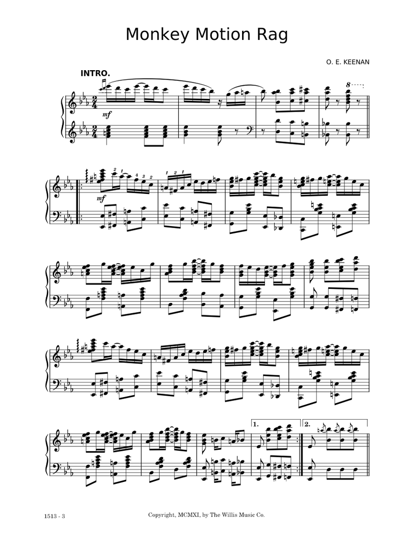 Monkey Motion Rag – O. E. Keenan Sheet music for Piano (Solo) | Musescore.com