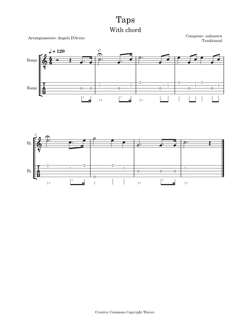 Taps – Traditional Bugle Call Taps - With Chord Sheet music for Banjo ...