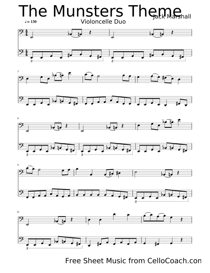 The MUNSTERS Theme Sheet music for Cello, Bass guitar (Mixed Duet ...