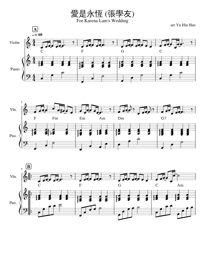 Billy Hau - 愛是永恆 (張學友) Sheet music for Piano, Violin (Solo) | Musescore.com