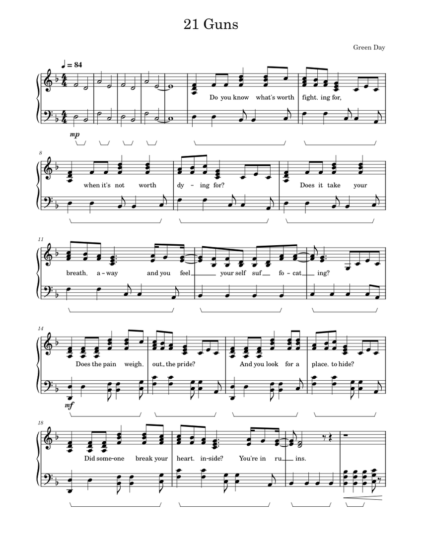 21 Guns – Green Day Sheet Music for Piano (Solo) | MuseScore.com