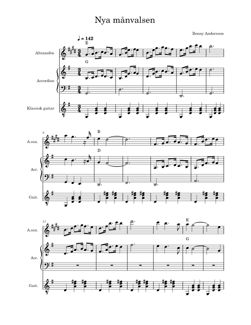 Nya månvalsen Sheet Music with Chords for Accordion, Saxophone alto ...