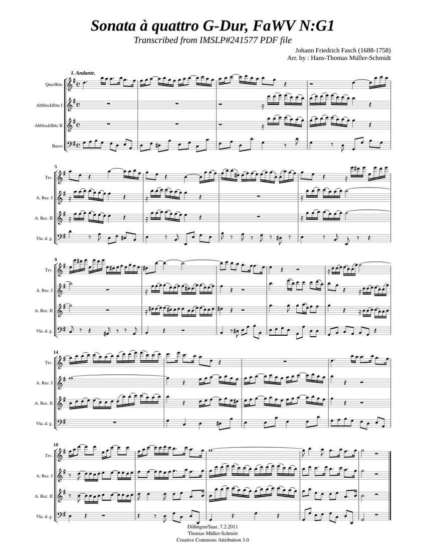 Fasch, J. F. _ Sonata à quattro G-Dur, FaWV N:G1 Sheet Music for Flute ...