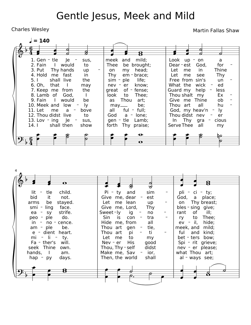 Gentle Jesus, Meek and Mild Sheet Music for Piano (Solo) Easy ...