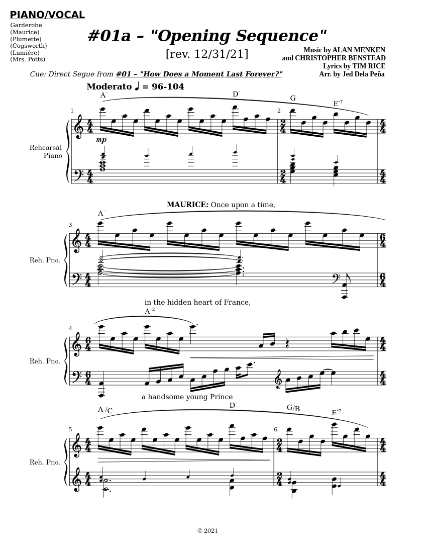 Disney's Beauty and the Beast – Future Off-Broadway Production #01a – "Opening Sequence" Sheet ...