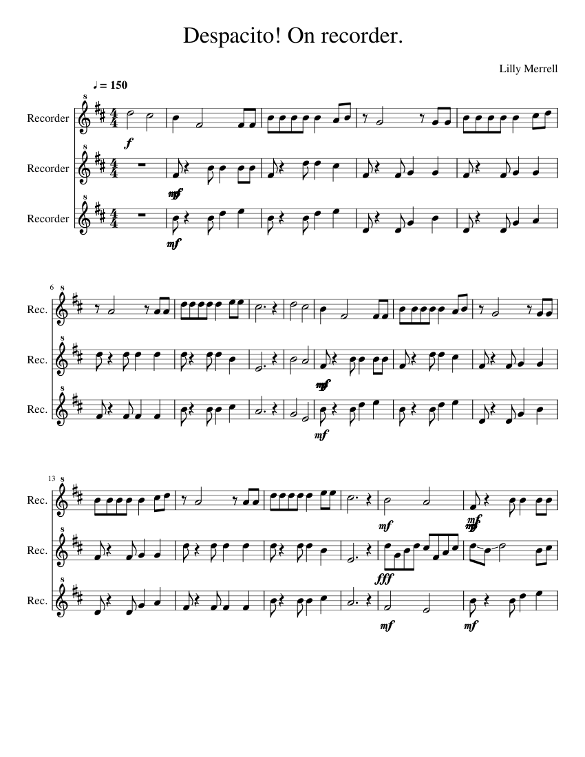 Despacito recorder Sheet music for Recorder (Woodwind Trio) | Musescore.com