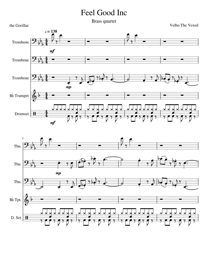 Feel Good Inc Sheet Music for Trombone, Trumpet in b-flat, Drum group ...