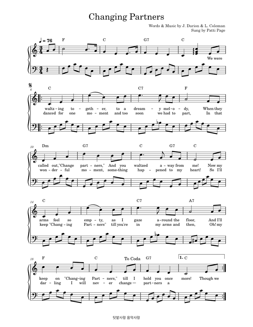 Patti Page - Changing Partners Sheet Music with Chords for Piano (Solo ...