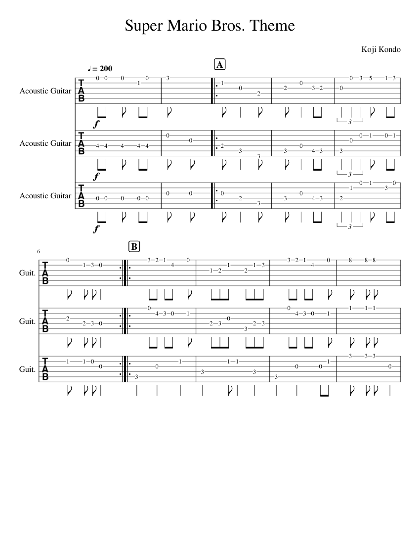 Super Mario Bros Theme for Guitar Sheet Music and Tab for Guitar (Mixed ...